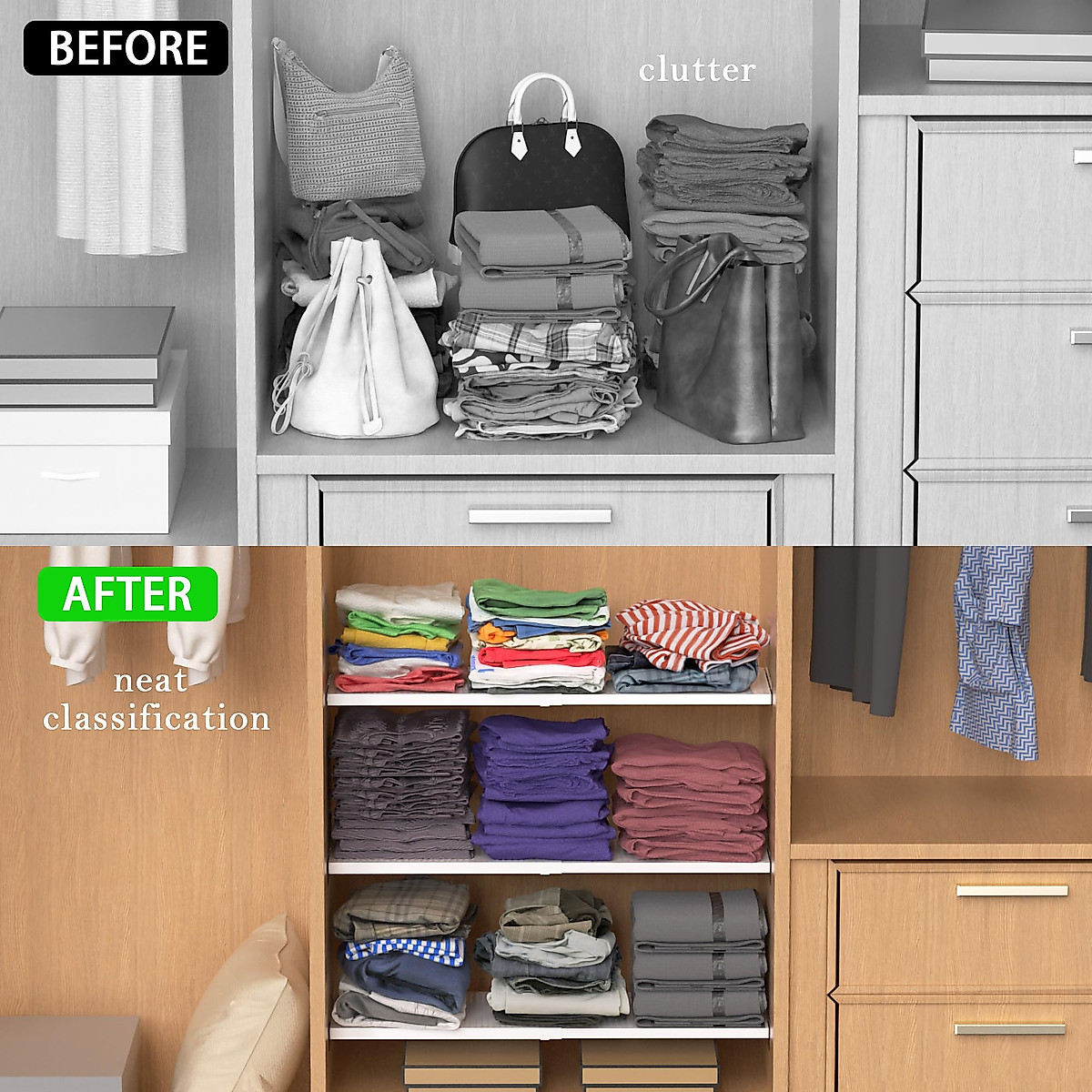 SlimmKISS Expandable Closet Tension Shelves Organizers, Adjustable Shelf for Cabinet Rack Storage Wardrobe Divider Shelving for Pantry 2 Pack (Perforated White,W11.81 x L: 17" to 31")