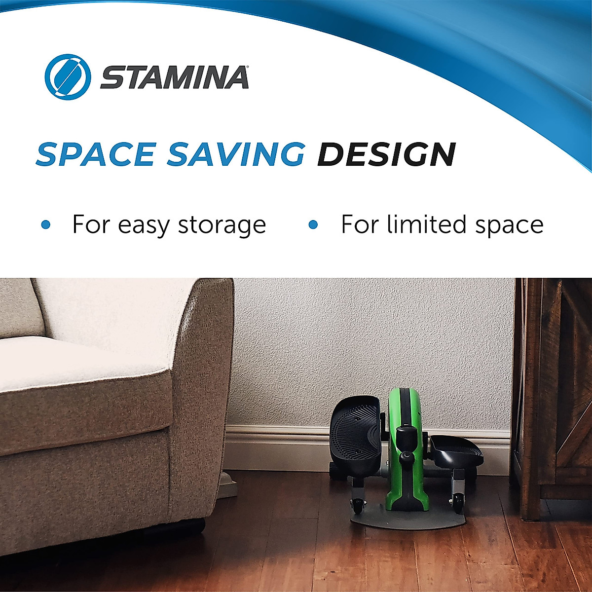 Stamina Inmotion E1000 Compact Strider - Seated Elliptical with Smart Workout App - Foot Pedal Exerciser for Home Workout - Up to 250 lbs Weight Capacity - Black/Green