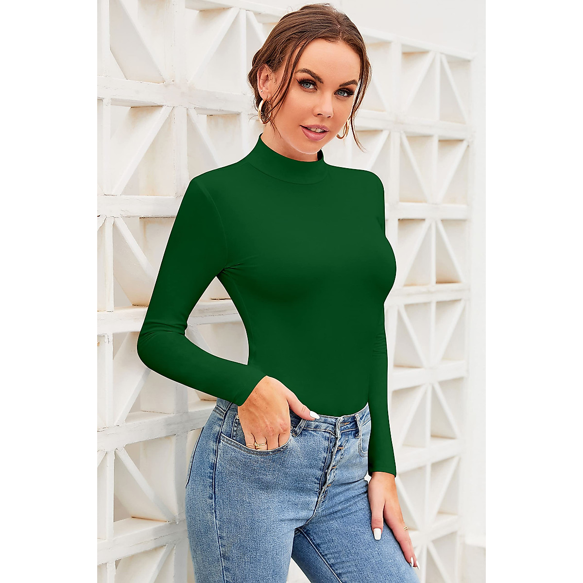 SHEIUGU Women’s Long Sleeve Mock Turtle Neck Tops Basic Stretchy Fitted Underwear Layer Tee Shirts(Dark Green 01-X-Large)