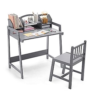 UNICOO Height Adjustable Bamboo Kids Desk and Chair Set - Ergonomic Kid Desk and Chair Set for Study, Writing, and Homework - Durable and Eco-Friendly Kids' Desks for Home and School (Grey)