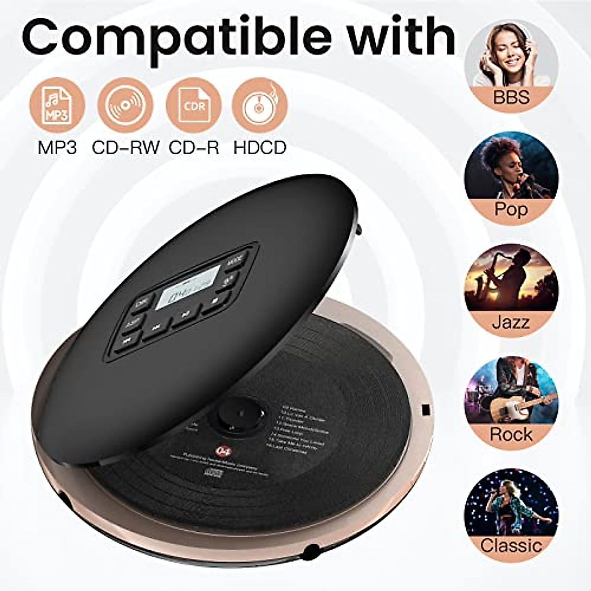 HOTT CD611 CD Player Portable Anti-Shock Personal Portable CD Player with Headphones USB AUX Output for Car Travel Home - Black