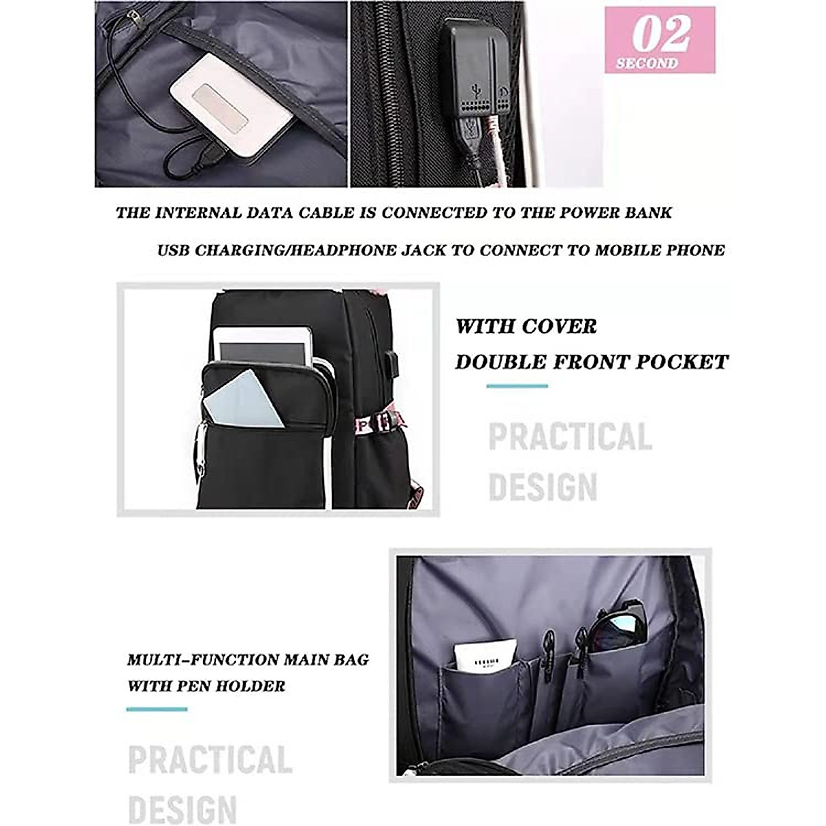 egen Kawaii Lightweight Schoolbag with USB Port USB Cable and Earphone Cord Set College Laptop Backpack Travel (Yellow Black,17 Inch)