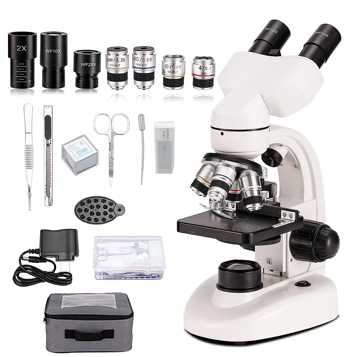 Compound Binocular Microscope, WF10x and WF25x Eyepieces,40X-2000X Magnification, LED Illumination Two-Layer Mechanical Stage microscopes for Adults