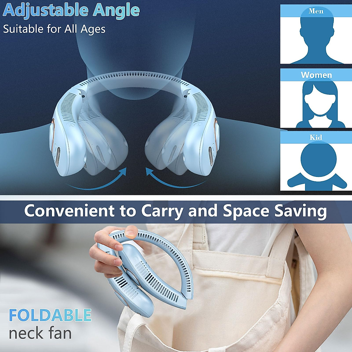 Neck Fans Portable Rechargeable-Foldaway Neck Fan with Mist,Personal Fan for Neck Wearable Hanging around,Cordless Neck Coolers for Female Male Kids Dad Mom Extremely Hot Weather Indoor Outdoor Blue