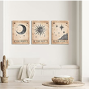 Tarot Canvas Prints Wall Art, Wiccan Art Wall Decor, Astrology Wall Decor, The Sun, Moon and Star Tarot Aesthetic Bohemian Wall Art, Celestial Canvas Prints, Mystical Home Decor, Astrology Posters Framed Ready to Hang