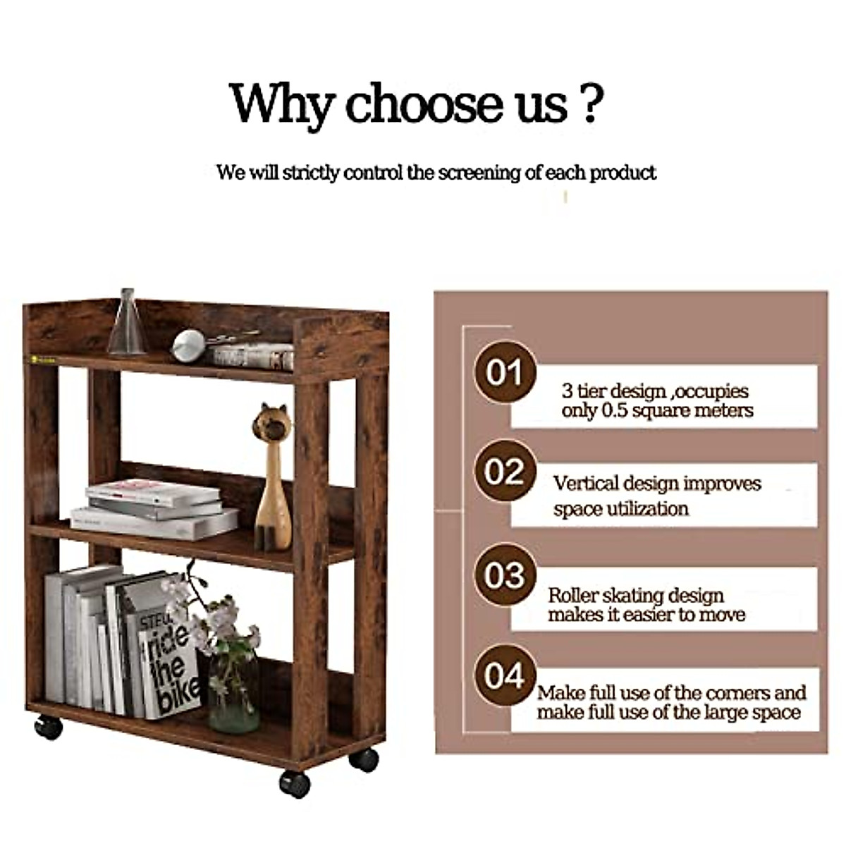 MIN WIN 3 Tier Open Bookshelf,Small Bookshelves Storage Display Shelf with Universal Wheels,Movable Standing Shelf Units,Wood Storage Rack for Small Spaces Home Office Bookcases Book Shelves,Antique