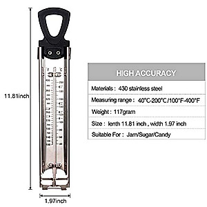 Candy Thermometer Deep Fry/Jam/Sugar/Syrup/Jelly Thermometer with Hanging Hook & Pot Clip Stainless Steel Cooking Thermometer Food Thermometer Quick Reference Temperature Guide,Black
