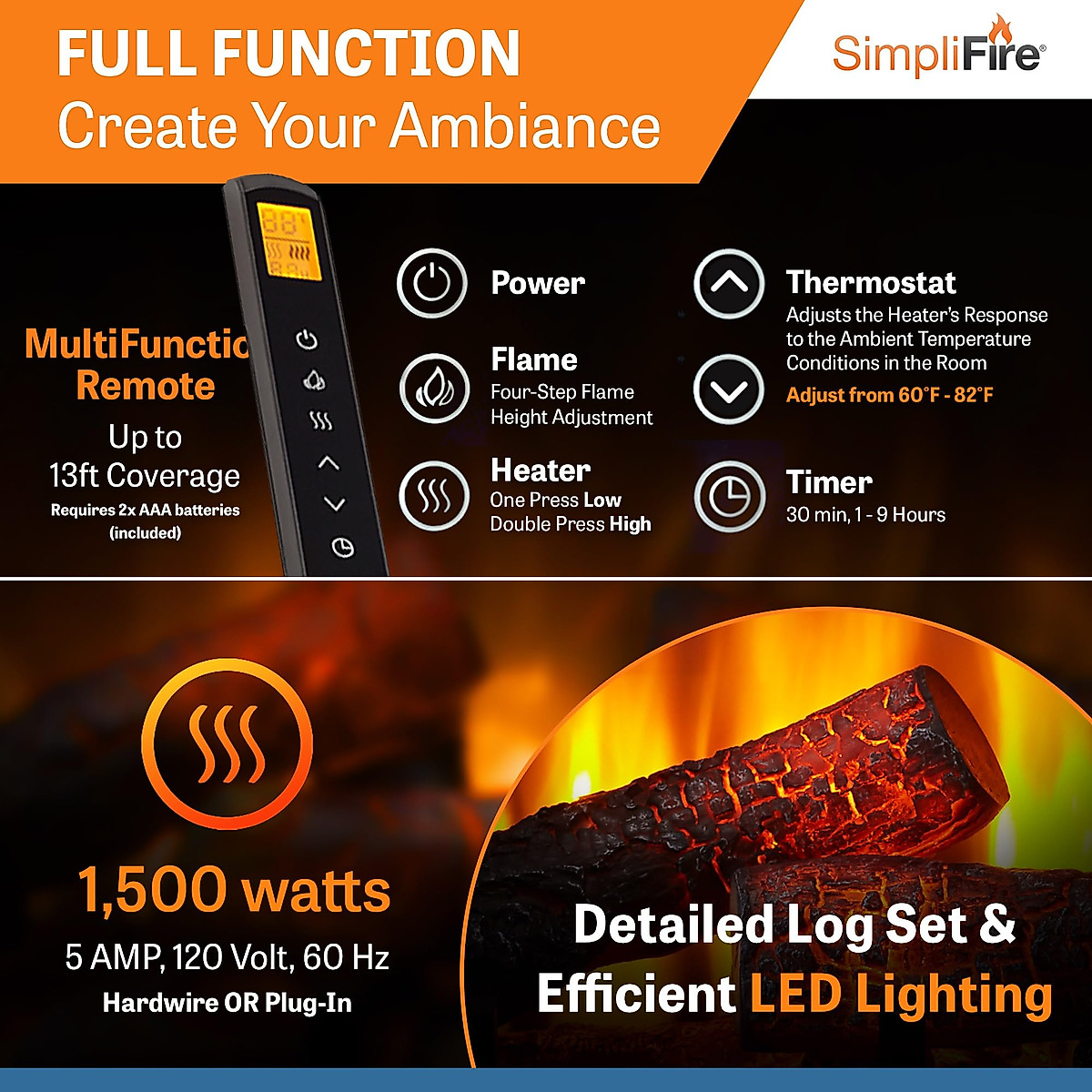 SimpliFire Electric Fireplace Insert, 35-Inch, Contemporary Front, Large Surround, Installs Into a Wood Fireplace Opening, Textured Logs, Multi-Function Remote with Timer, 1500W Heater