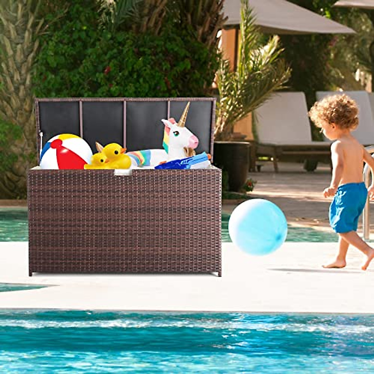 Patiorama Outdoor Wicker Storage Box, Garden Deck Bin with Aluminum Frame, Patio Cushion Storage, Brown Wicker Rattan Pool Storage Box, Water-Resistant Liner, 120 Gallon