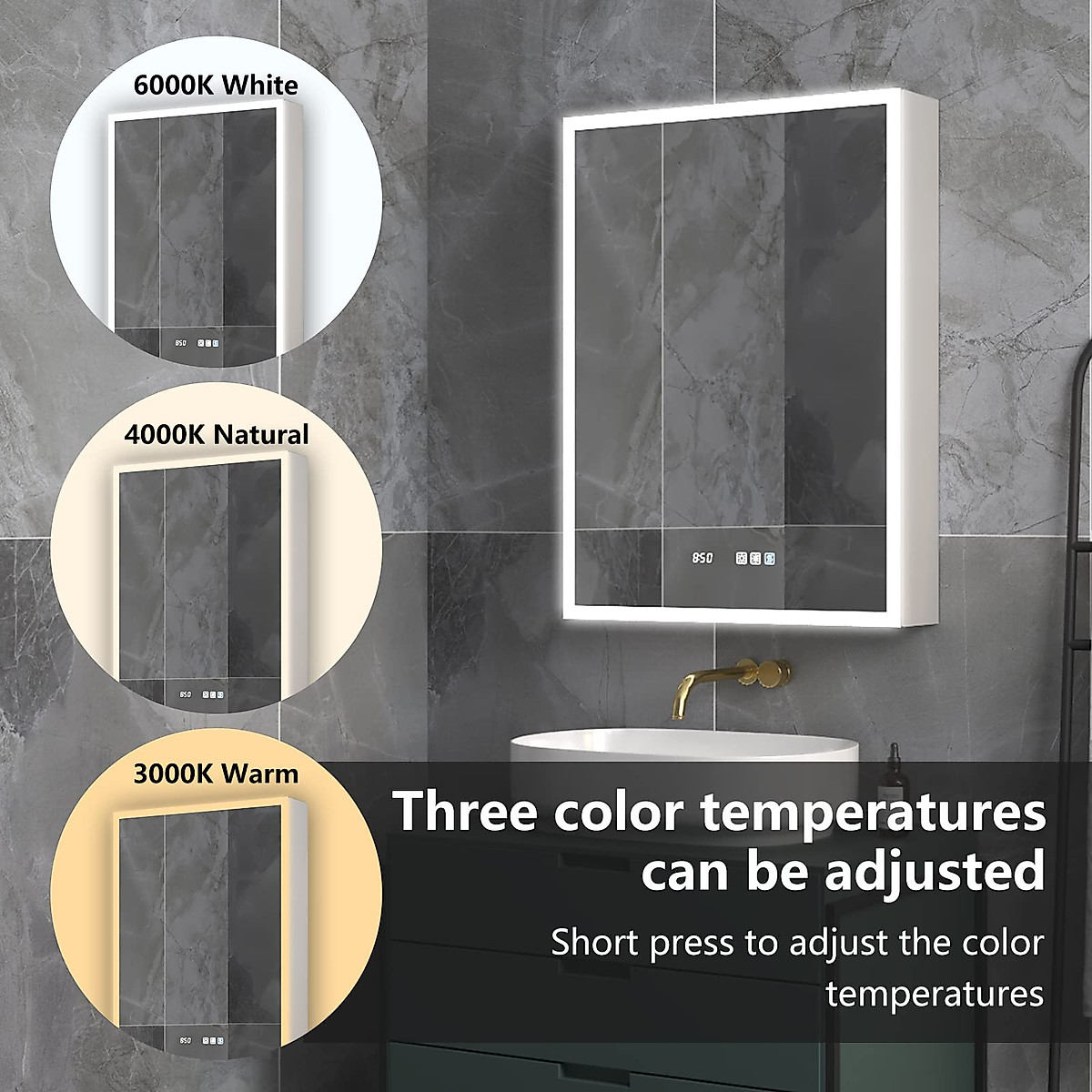 ExBrite Lighted Medicine Cabinet 24 x 32 Inch,Recessed or Surface led Medicine Cabinet, Clock&Room Temp Display,Defog,Dimming,Medicine Cabinet with Lights 3-Color Temper Chang,Hinge on The Left