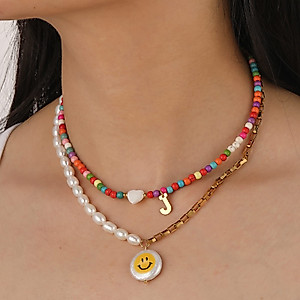 Wellike Initial Necklaces for Women Colorful Beaded Choker Necklace Stainless Steel 18K Gold Plated Y2K Aesthetic Gold Letter Necklace Handmade Boho Summer Necklace Jewelry Gift (A)