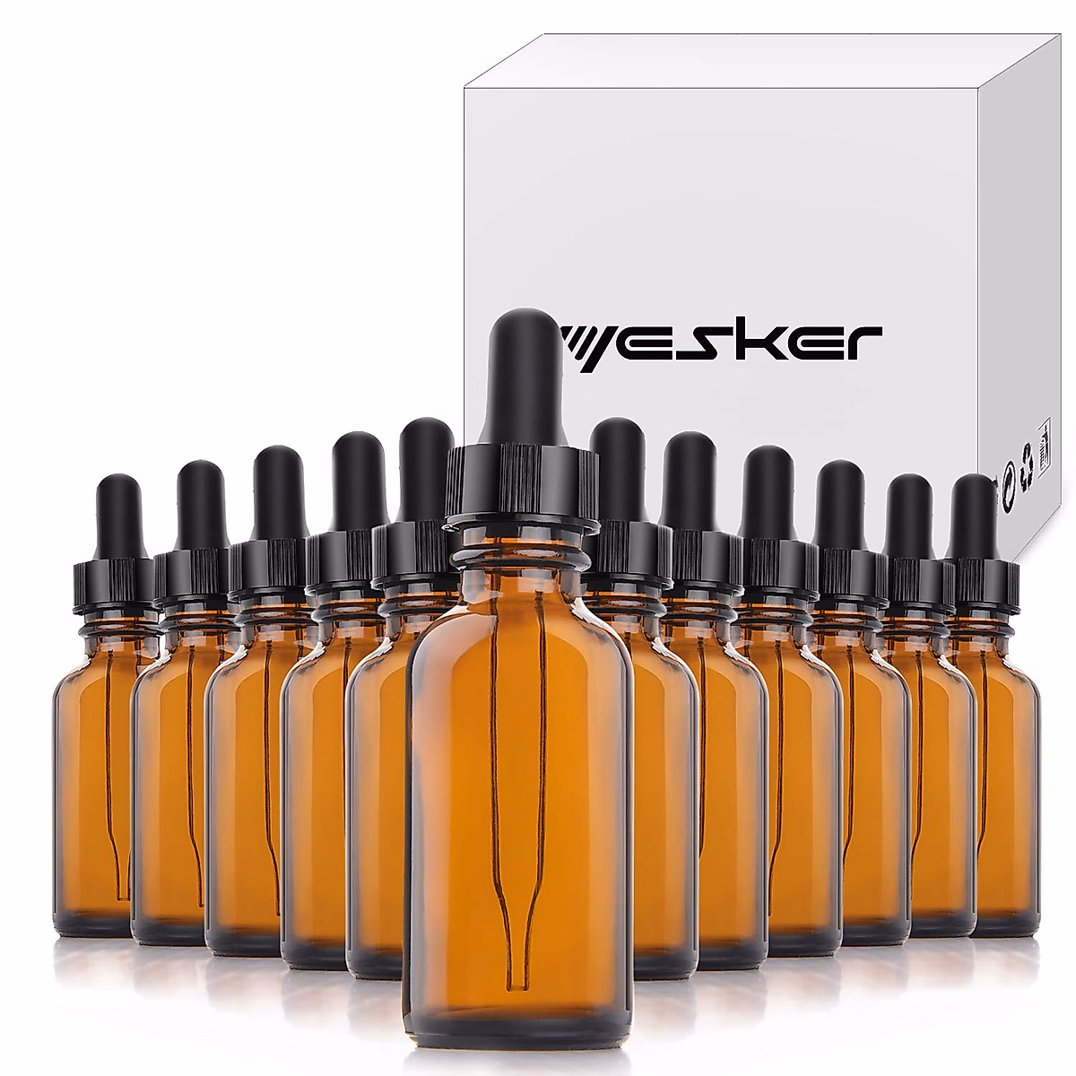 Yesker Amber Glass Bottles for Essential Oils with Glass Eye Dropper 60 ml (2oz) for Essential Oils, Chemistry Lab Chemicals, Colognes & Perfumes- Pack of 12