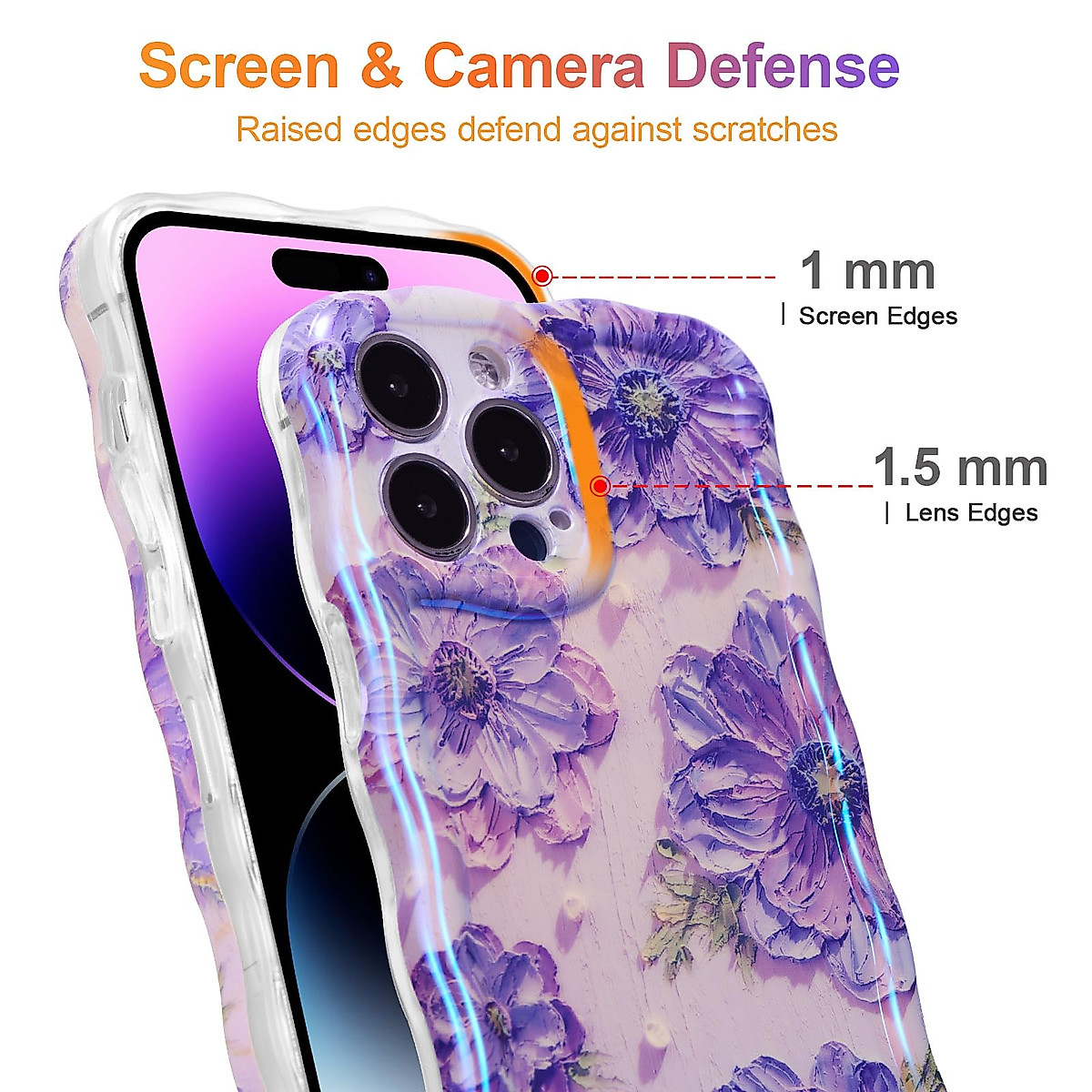 EYZUTAK Case for iPhone 13 Pro Max, Colorful Retro Oil Painting Printed Flower Laser Glossy Pattern Cute Curly Wave Edge Exquisite Phone Cover Stylish Durable TPU Protective Case for Girl Women-Purple