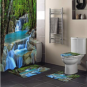 Prime Leader 4 Pcs Shower Curtain Set with 12 Hooks, Mountain Waterfall Tree Landscape Bathroom Decor Sets with Non-Slip Bath Mat Toilet Lid Cover, Durable Waterproof Shower Curtain and Rugs Set