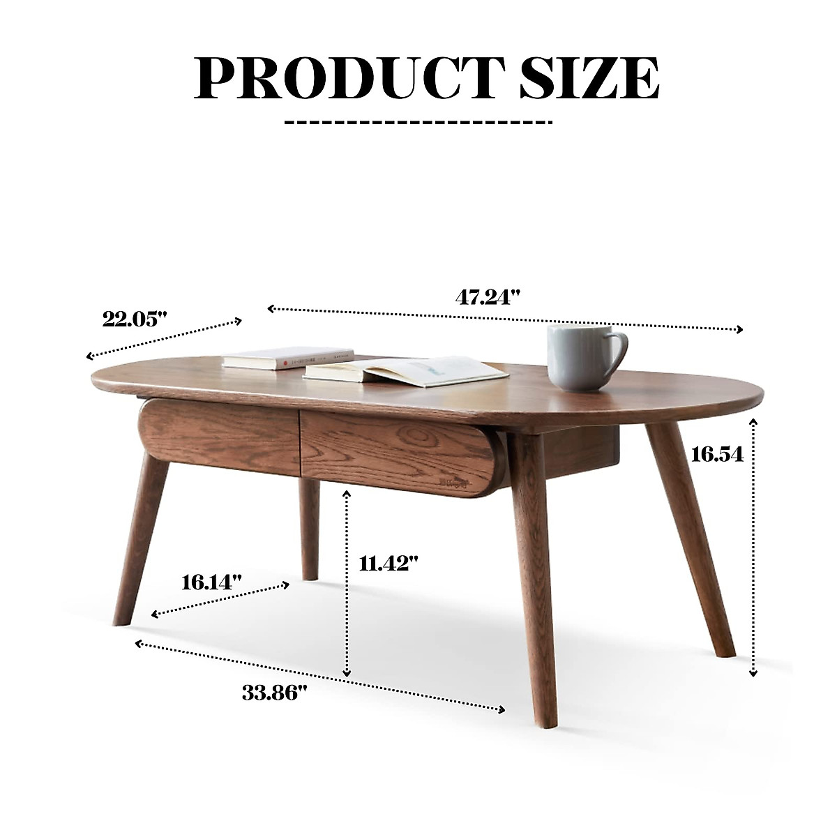 Bamskov 100% Solid Wood Coffee Table with Storage - Mid Century Modern Coffee Table - Oval Coffee Table - Simple Assembly (Walnut, 47.24")