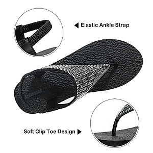 Teezerber Women's Yoga Mat Flat Sling Sandals Slingback Rhinestone Flip Flops Sandal Black White 9