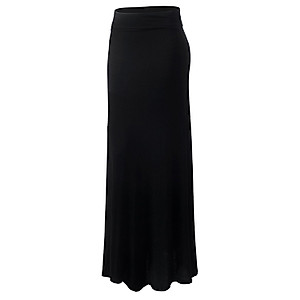 URBAN K Womens Basic Foldable High Waist Regular and Plus Size Maxi Skirts Black