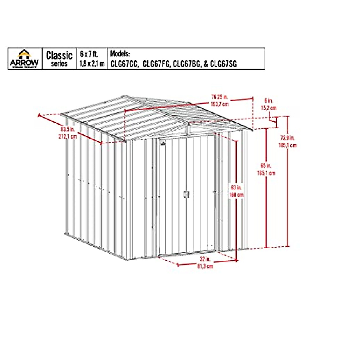 Arrow Sheds 6' x 7' Outdoor Steel Storage Shed, Light Grey