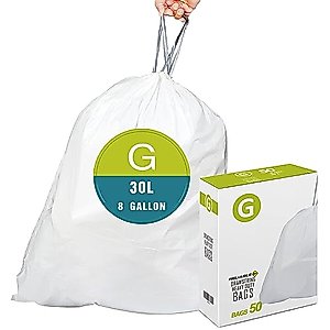 Code G Heavy Duty Trash Bags with Reinforced Drawstring for 8 Gallon/30 Liter Compatible with simplehuman Code G (50 Count) | Tear & Leak Resistant Drawstring Garbage Liners