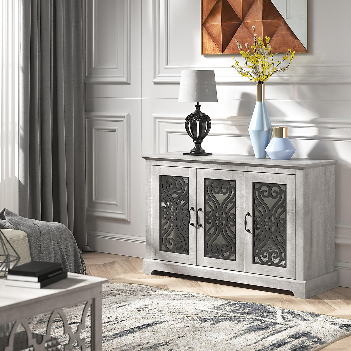 Galano Calidia 3 Door Sideboard, Kitchen Storage Sideboard Buffet Cabinet Console with Acrylic Mirror Doors & Adjustable Shelves, 15.67" D x 45.71" W x 29.29" H, Dusty Grey Oak