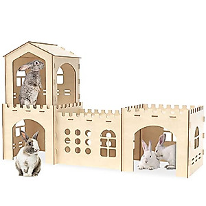 Woiworco Extra Large Rabbit Hideout, Wooden Rabbit Castle Bunny Spacious Breathable Hideouts for Indoor Bunnies, Hamsters and Guinea Pigs Hut to Hide