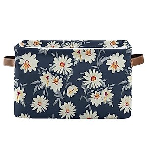 AUUXVA Floral Flower Daisy Leaves Pattern Storage Basket Large Foldable Storage Organizer Cubes Bins with Leather Handles Sturdy Collapsible Boxes for Shelf Cloth Toy Closet-2 Pack