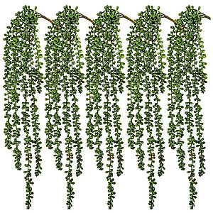 caapmony 5Pcs Artificial Succulents Hanging Plants Bulk 2.4FT Large Fake String of Pearls for Wall Home Garden Decor(Unpotted)