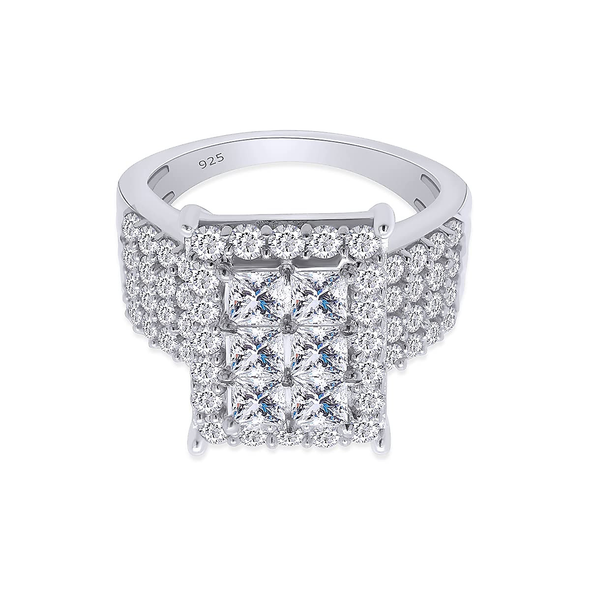 AFFY 5CTW Princess Cut And Round Simulated Diamond Cluster Engagement Ring In 14k White Gold Plated 925 Sterling Silver Jewelry Gift For Her Size-10