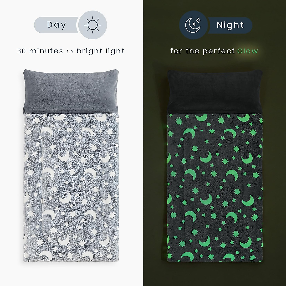 Wake In Cloud - Glow in The Dark Sleeping Bag with Pillow, Fleece Nap Mat for Toddler Kids Boys Girls, Winter Cold Weather Daycare Kindergarten Sleepover Travel Camping, Moon and Stars on Grey