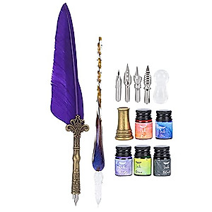 Tnfeeon Feather Pen, Vintage Feather Calligraphy Pen Quill Pen Set with Replaceable Nib Student Writing Stationery Romantic Valentine(Purple)