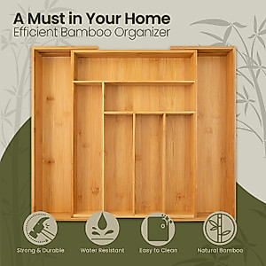 Bomba Bamboo Drawer Organizer – Premium Expandable Drawer Organizer for Cutlery and Kitchen Utensils – Natural Bamboo Wood Flatware and Cutlery Organizer – 8-Grid Silverware Tray for Drawer