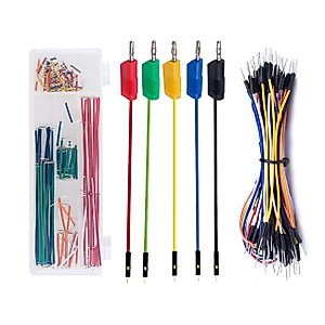 Makeronics Solderless Breadboard Jumper kit|5pcs Banana Plug to Jumper Wires + 140 Preformed Soft Breadboard Solid Copper Jumper Wires(Light Box Packing)+ 65 pcs Jumper Leads Wires Cables