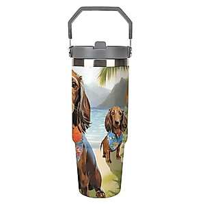 30oz Stainless Steel Insulated Tumbler with Flip Lid & Straw, Leakproof Travel Mug for Car, Dachshund Tropical Painting Art Double Wall Vacuum Thermal Coffee Cup with Handle, Spill-Proof Design for Ho