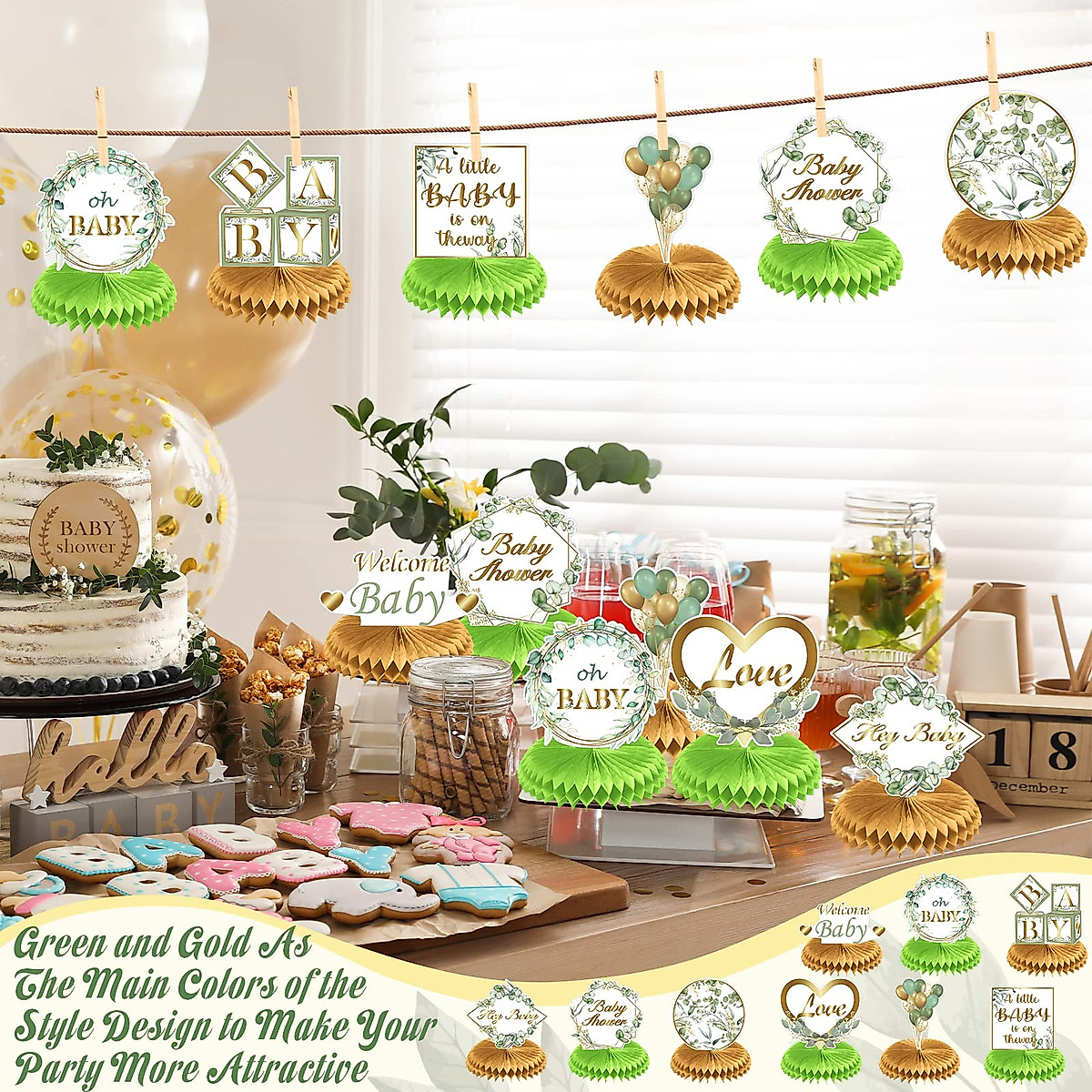 Weecent 9 Pcs Greenery Baby Shower Honeycomb Centerpieces Oh Baby Party Decorations Sage Green Party Table Centerpieces Baby Boy Girl Birthday Party Green Leaf Cake Decorations