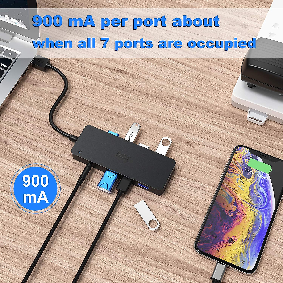 7 Port USB 3.0 Hub, ICZI USB Hub Powered USB Splitter USB 3.0 Hub with Power Adapter for Mac Windows and Other Laptops - Black