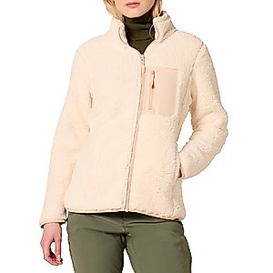 Amazon Essentials Women's Sherpa Long-Sleeve Mock Neck Full-Zip Jacket with Woven Trim (Available in Plus Size), Beige Color Block, Medium