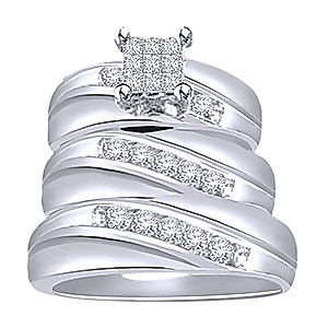 Jewel Zone US White Natural Diamond Engagement and Wedding Trio Band Ring Set in 10k Solid White Gold (0.66 Carat)