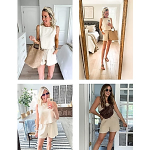 PUWEI Womens Summer Linen 2 Piece Sets Lounge Outfits Crop Tank Top High Waist Shorts Matching Sets Romper (2870-Apricot-XL)