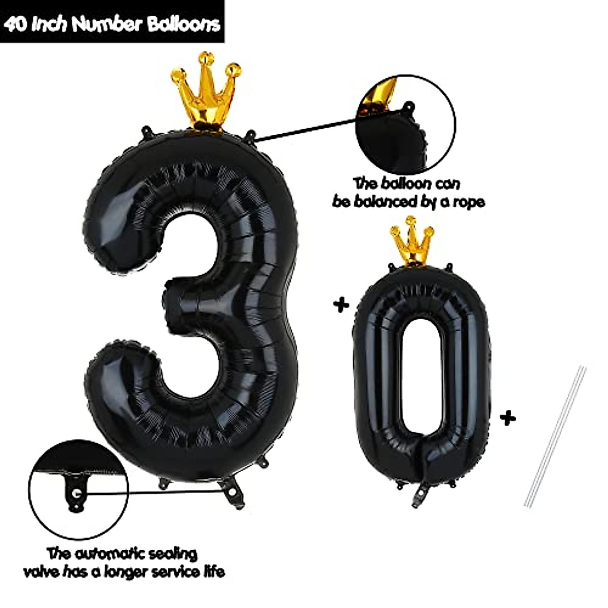 30 Balloon Number 40 Inch Black Number 30 Balloons Mylar Foil Helium Crown Number balloons Black Themed Graduation Anniversary Children's Day Party 30th Birthday Decor Supplies