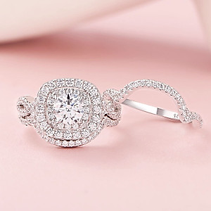 SHELOVES Engagement Wedding Ring Set for Women Double Halo Sterling Silver Round White AAAAA Cz Size 6.5
