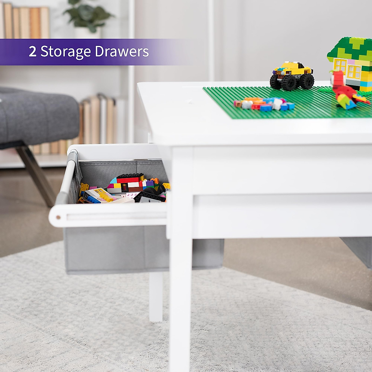Life Finds 2-in-1 Kids’ Construction Play Table Designed for Lego Building Bricks, Reversible Table Top, Creative Play, Interlocking Building Block Surface, Storage Drawers, White, LF-LTB01
