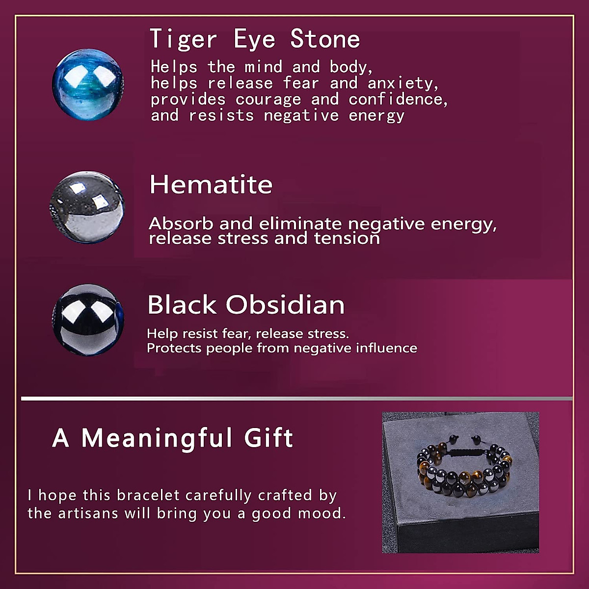 Chrikidor,men and women Triple Protection Bracelet,Hematite Obsidian and Tiger's eye stone 10mm Bead Bracelet,Adjustable,Healing Bracelets Bring Luck and Prosperity