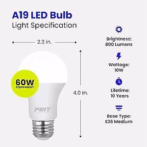 Feit Electric A19 LED Light Bulb, 60W Equivalent, E26 Medium Base, 800 Lumen, 3500K Neutral White light, Indoor/Outdoor General-purpose Light Bulbs, 11,000-Hour Lifetime, A800835/10KLED/MP/24, 24 Pack