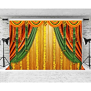 Lofaris India Pooja Photography Backdrop Puja Ganpati Pooja Traditional Mehndi Festival Background Decorations Wedding Party Marigold Garlands Photo Props 10x7ft