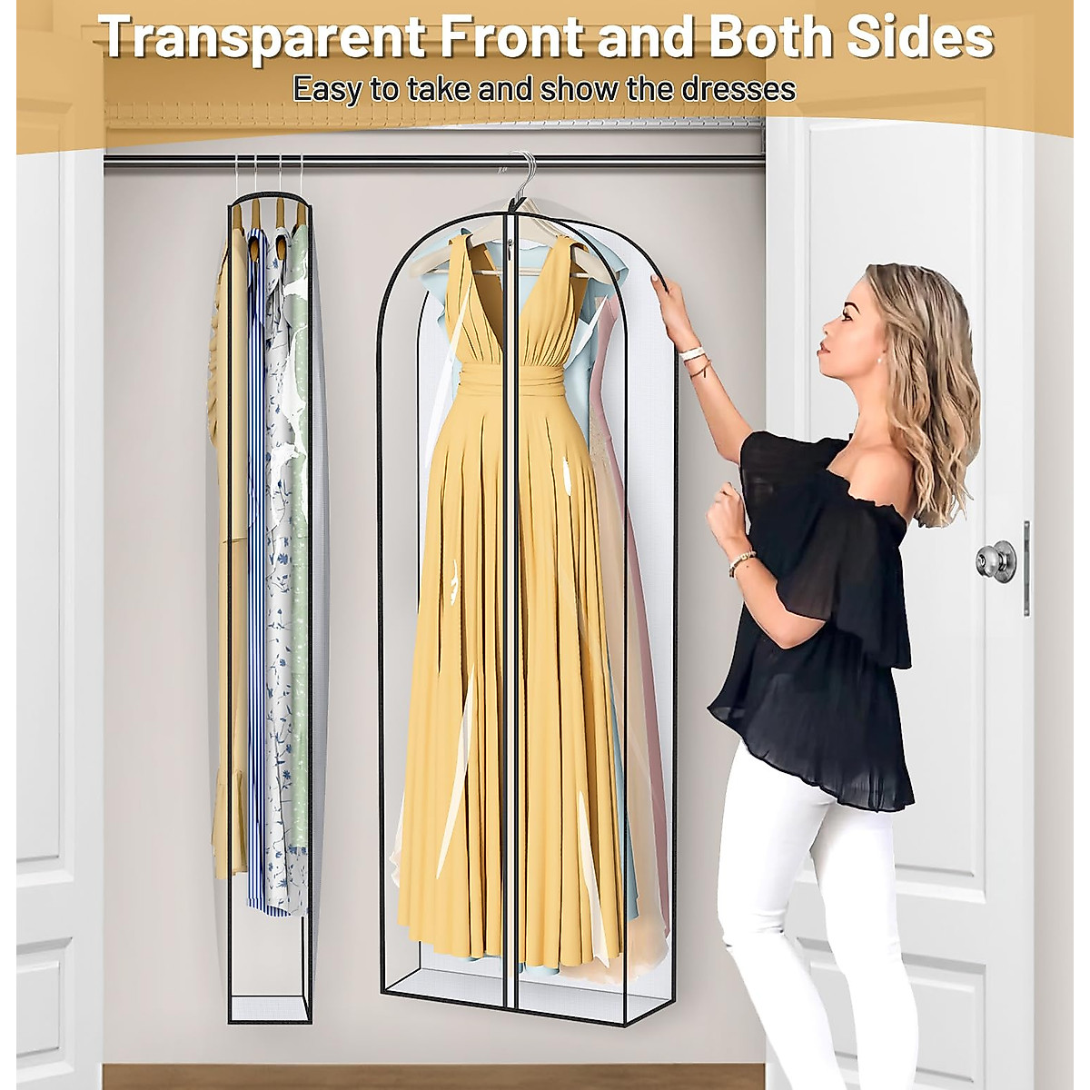 MISSLO 65" Clear Garment Bags for Hanging Clothes 4" Gusseted Dress Bags for Gowns Long Dress Cover for Closet Storage Dress Protector Bag, 2 Packs