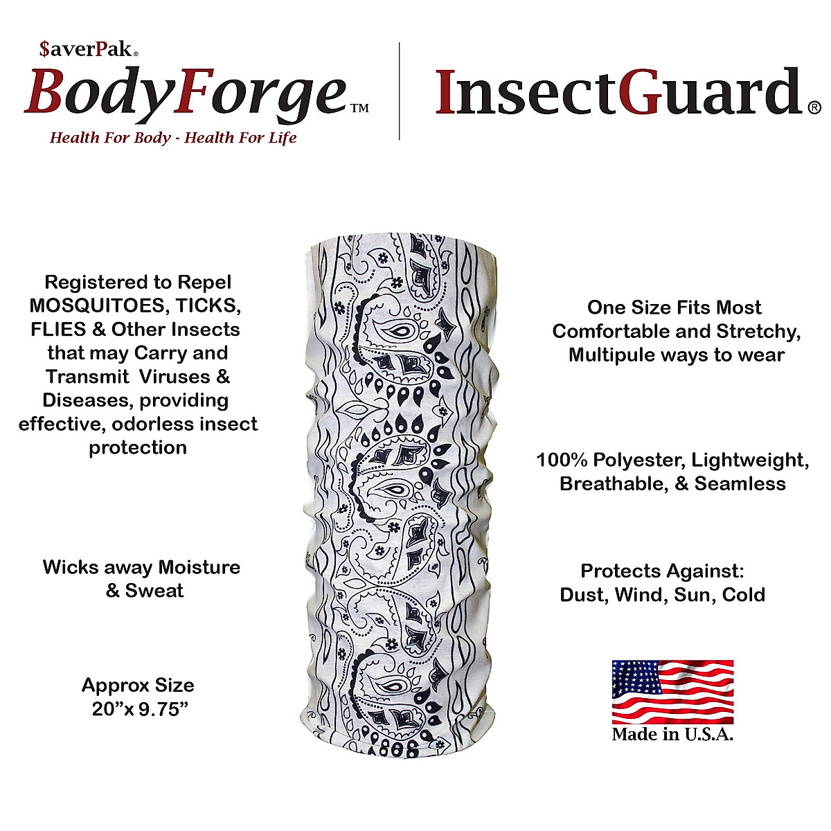 $averPak BodyForge & InsectGuard - Permethrin Treated Mosquitoes, Flies, Ticks & More Insect Repellent Tube Bandanna Neck Gaiter Headband (White Paisley)