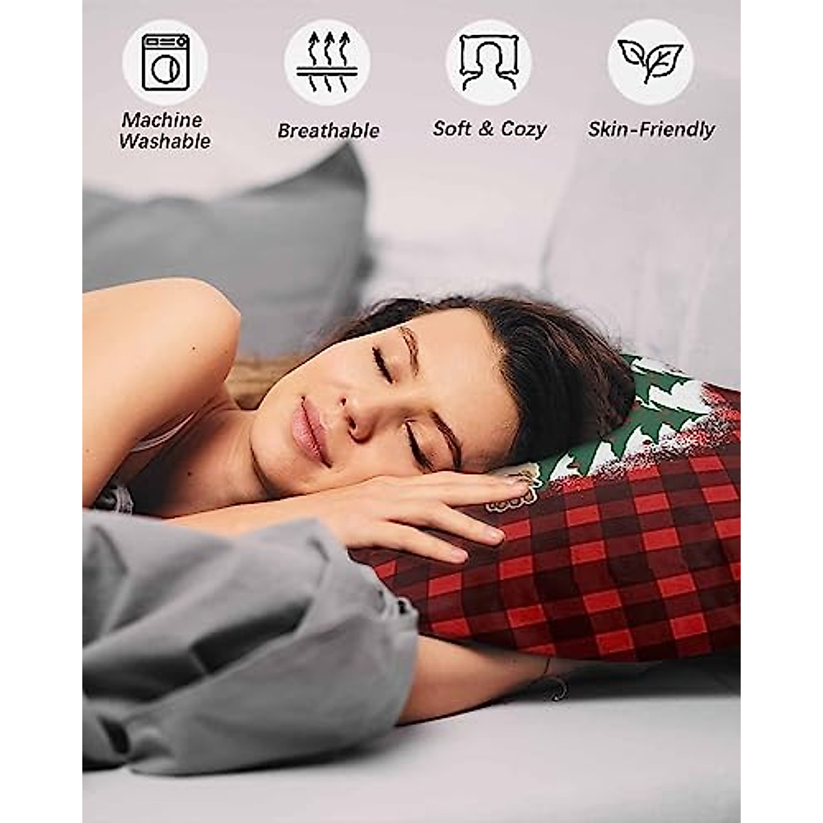 Standard Size Pillowcases Merry Christmas Pillow Case Set of 2, Soft Throw Pillow Covers with Envelope Closure Decorative Bed Pillow Shams for Bedroom Sofa Couch Santa Claus Xmas Tree Red Plaid