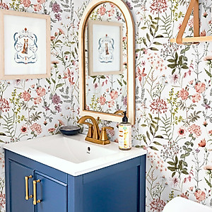 VEELIKE 17.7''x354'' Peach Pink Wildflowers Floral Wallpaper Mural Peel and Stick Pink Floral Contact Paper for Walls Shelves Nursery Wallpaper Removable Adhesive Floral Vinyl Wallpaper for Bedroom