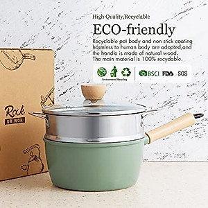 ROCKURWOK Ceramic Nonstick Sauce Pan with Lid, 2.2 Quart Cooking Pot, Small Saucepan with Steamer, PTFE& PFAS-Free, Wooden Handle for Cool Touch, Universal Base(Gas, Electric & Induction), Green