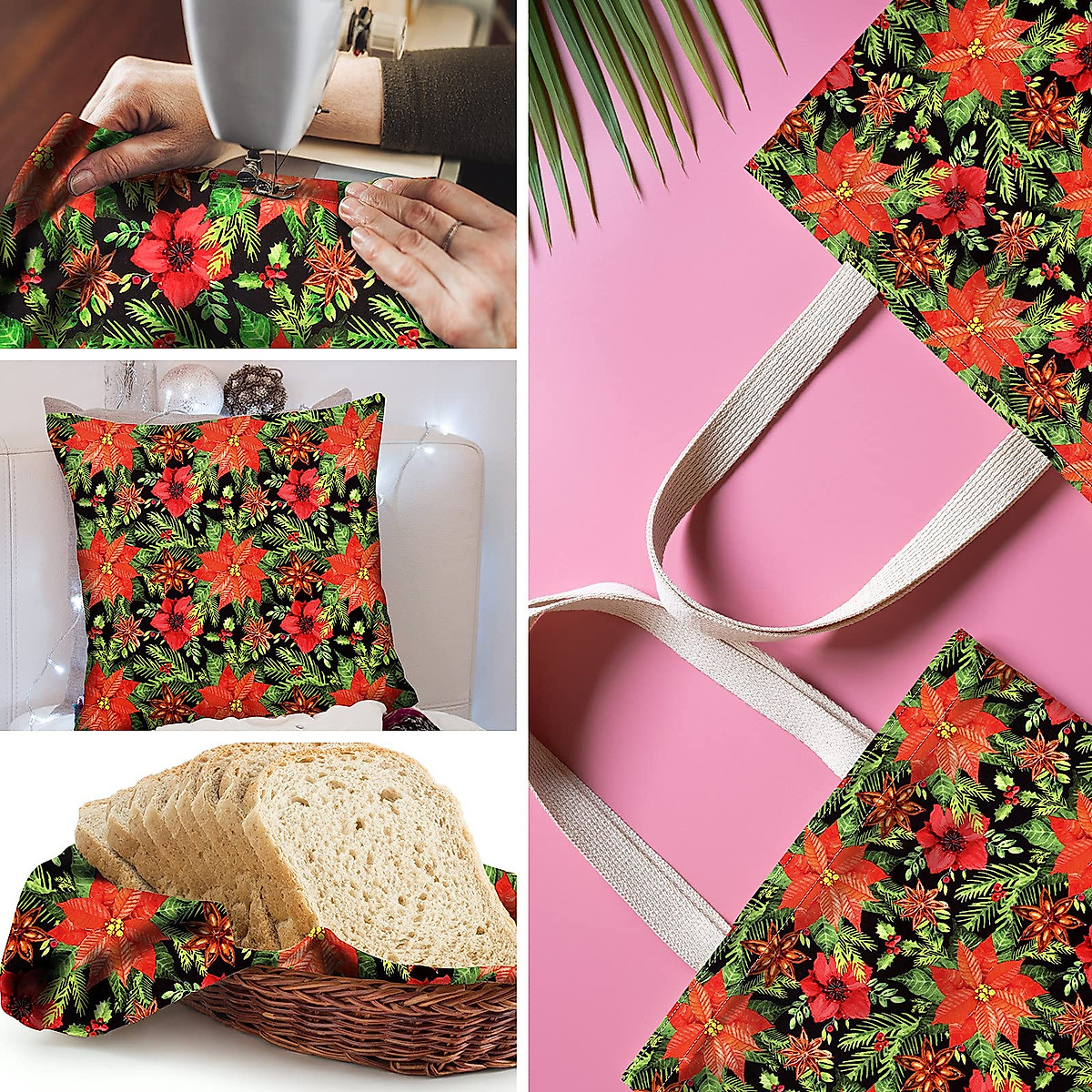 Christmas Fabric by The Yard Poinsettias Black Fabric Happy Holly Days Fabric 1 x 1 Yard Christmas Fabric Pre-Cut Fat Quarter Bulk Fabric for DIY Sewing Apparel Crafting Decor